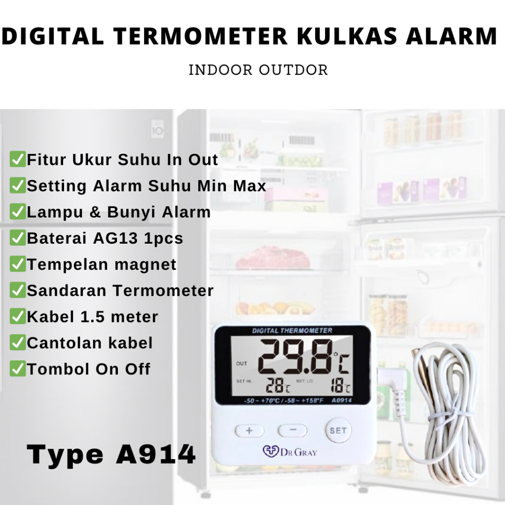 Jual Dr Gray Termometer Digital kulkas Chiller Alarm indoor outdoor ...