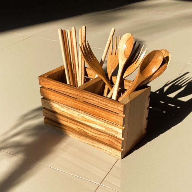 Jual Tempat Sendok Garpu Pisau Sumpit Kayu Jati Asli/ Kotak Penyimpanan ...