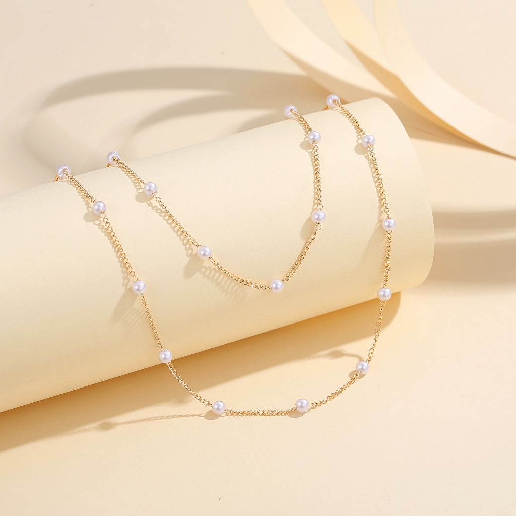 Jual Lanme Jewelry Kalung Lapis Double Korean Pearl Necklace Klavikula Rantai Perhiasan Fashion ...