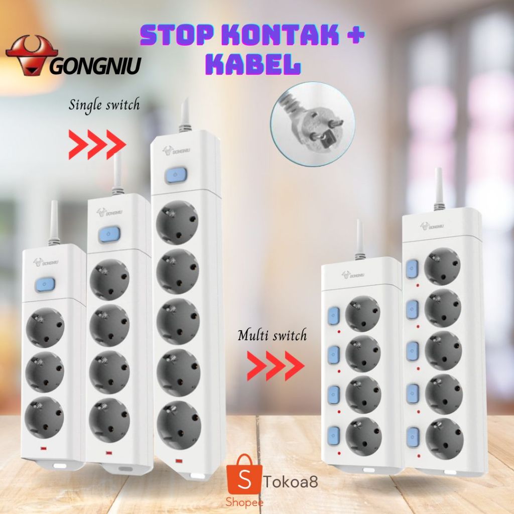 Jual Gongniu Stop Kontak 3/4/5 Lubang + Single / Multi On Off + Panjang Kabel (1.5 m/ 3m / 5m ...
