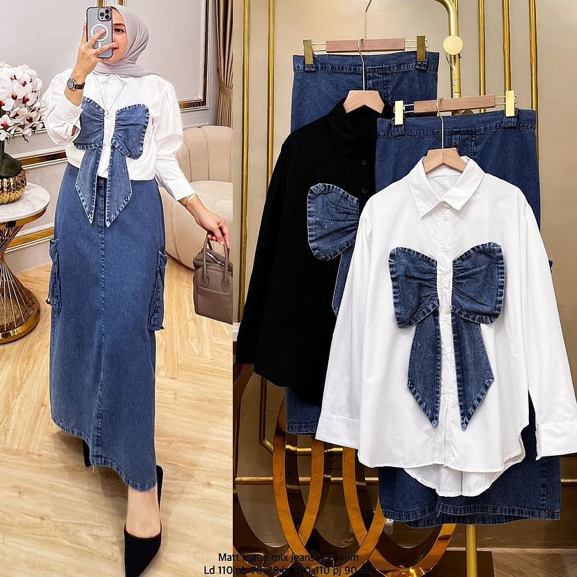 Jual Vallina Outfit - Ribbon One Set Skirt Pita Buffy Jeans Top Toyobo ...