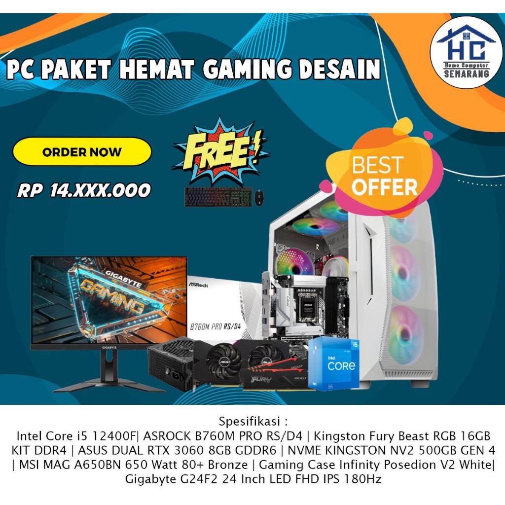 Jual PC PAKET HEMAT GAMING DESAIN I5 12400F FT RTX 3060 8GB | Shopee ...