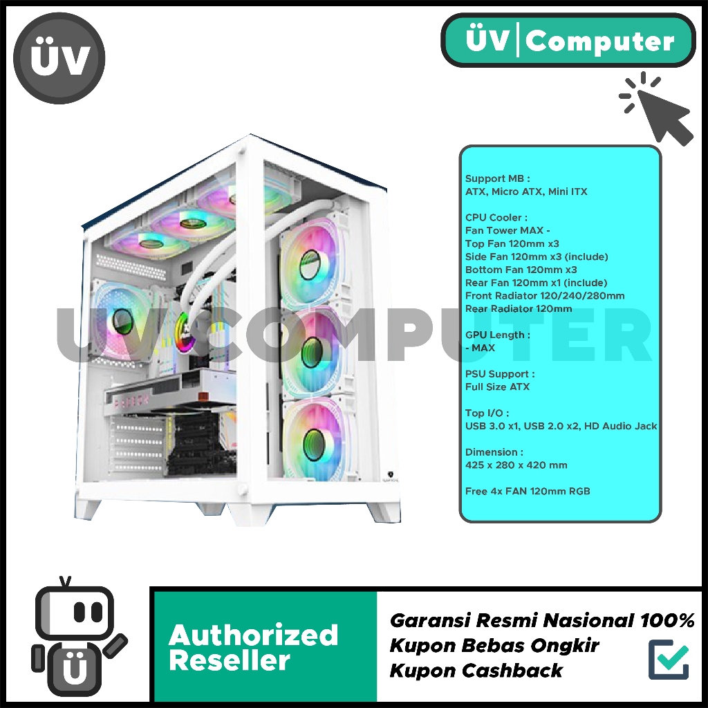 Jual Casing PC Komputer Gaming Raptor Ultimate Mid Tower ATX Case White ...