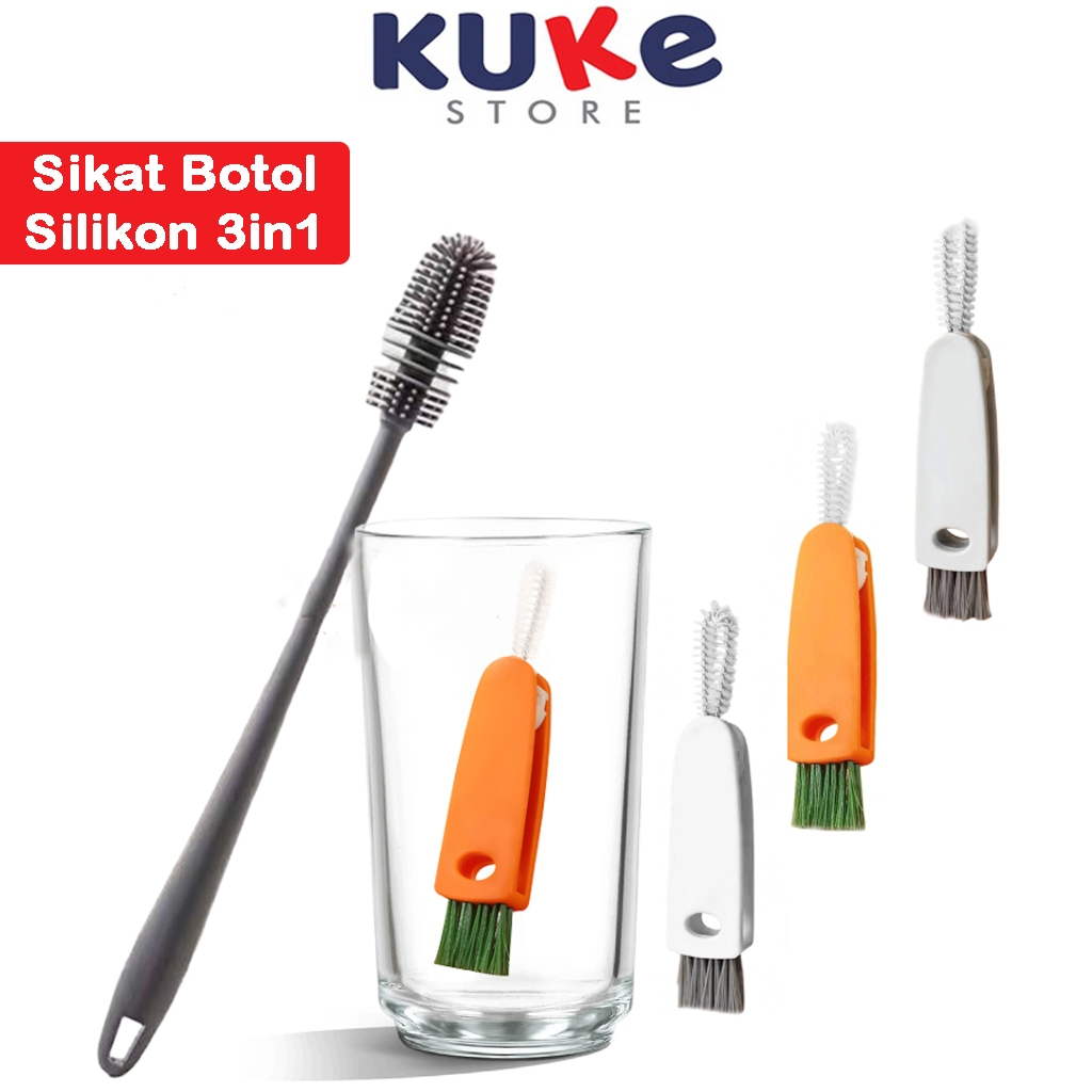 Jual KUKE SIKAT BOTOL SILIKON/SIKAT PEMBERSIH BOTOL 3 IN 1/SIKAT CUCI ...