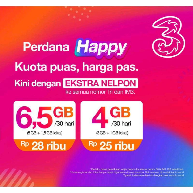 Jual NEW PERDANA TRI 6,5GB 30HARI DAN 4GB 30HARI NASIONAL SE INDONESIA | Shopee Indonesia