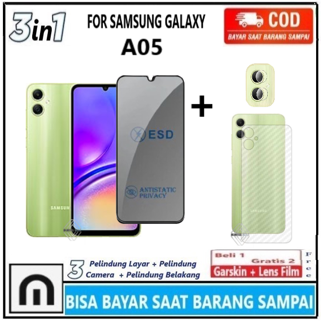 Jual Paket 3in1 Tempered Glass Anti Spy Samsung Galaxy A05 Anti Gores Privacy Full Layar Anti ...