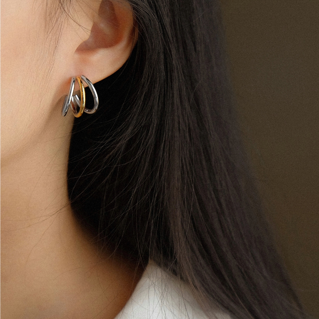 Jual Duo Tone Triple Stud Hoop Earrings — 18K Gold Plated Stainless ...