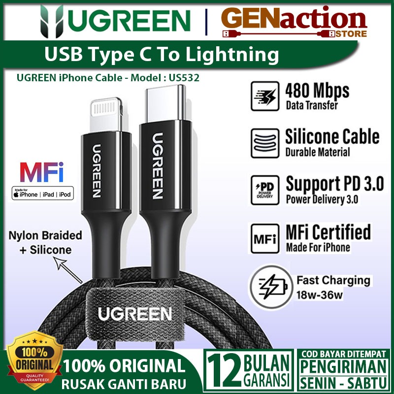 Jual Ugreen Cable Data USB C to iPhone Lightning MFI 3A Silicone Braided | Shopee Indonesia