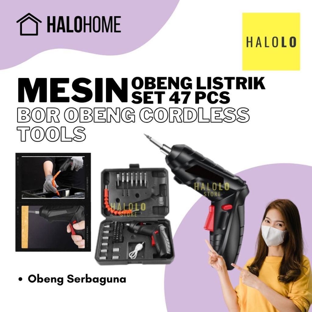 Jual Mesin Obeng Listrik Bor Cordless Tools Screwdriver Baterai Set 47 ...