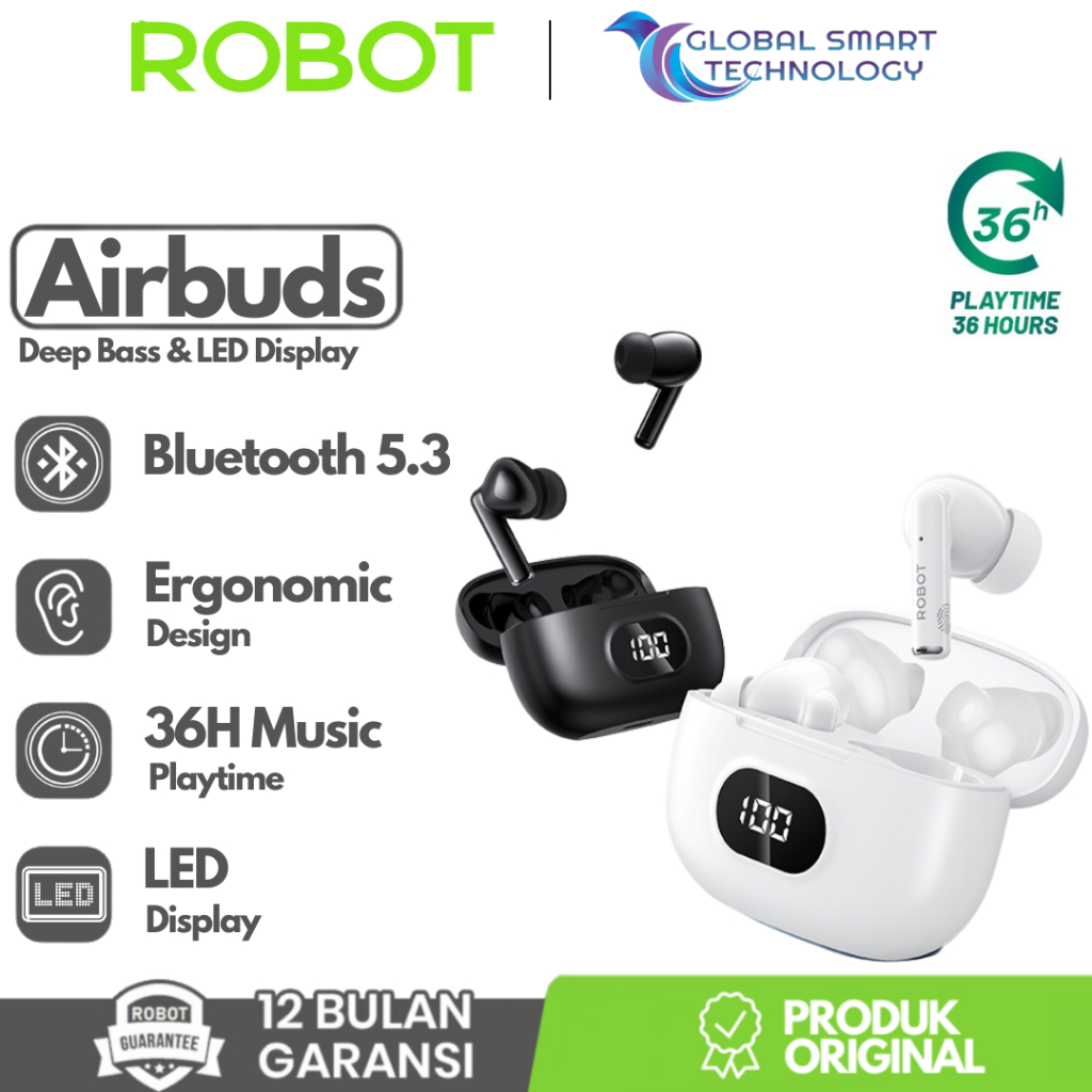 Jual ROBOT Airbuds T70 TWS Headset Bluetooth Earbuds Earphone Wireless ...