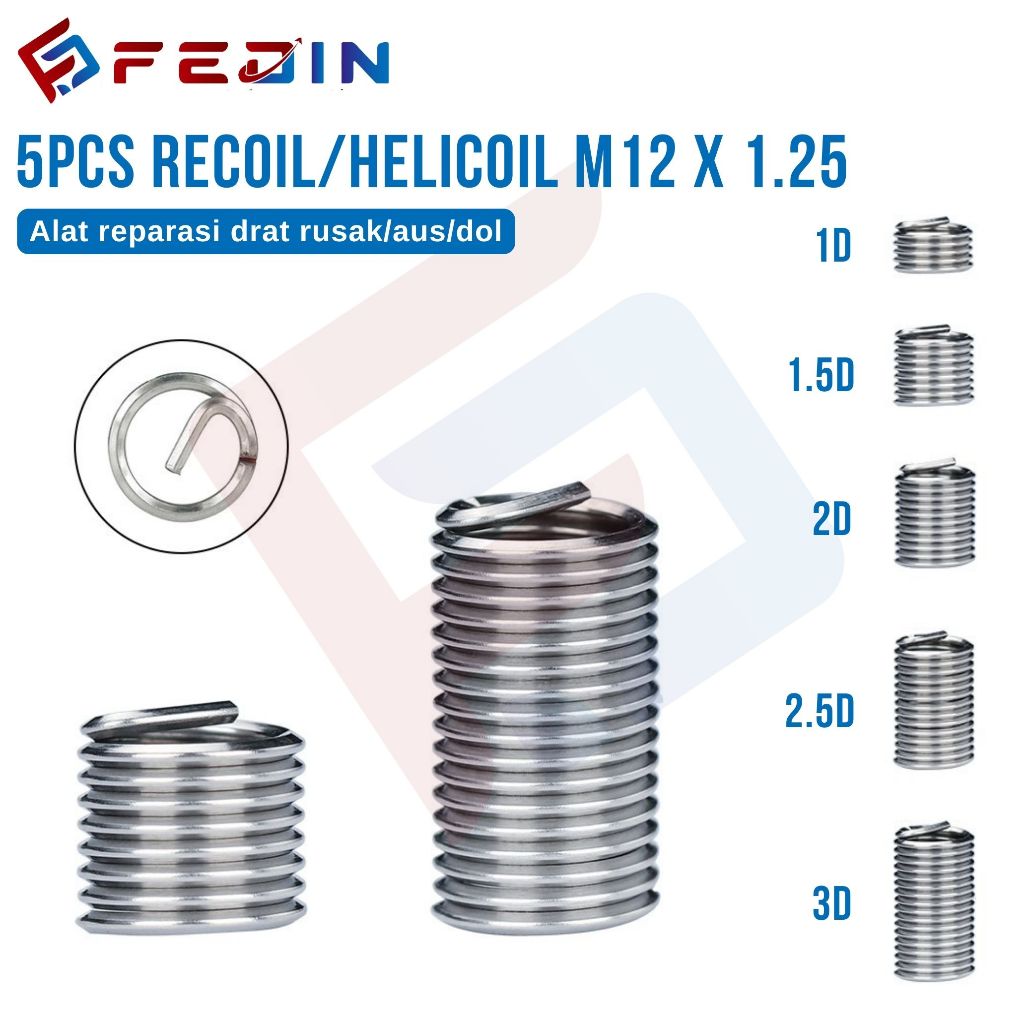 Jual Fedin 5pcs Recoil M12 x 1.25 1D 1.5D 2D Helicoil Alat Perbaikan Drat Baut 17 Recoil ...
