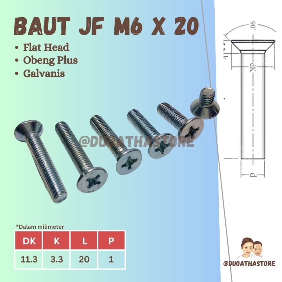 Jual M6x20 Baut JF Flat Head Baut JF M6 x 20 Obeng Plus | Shopee Indonesia