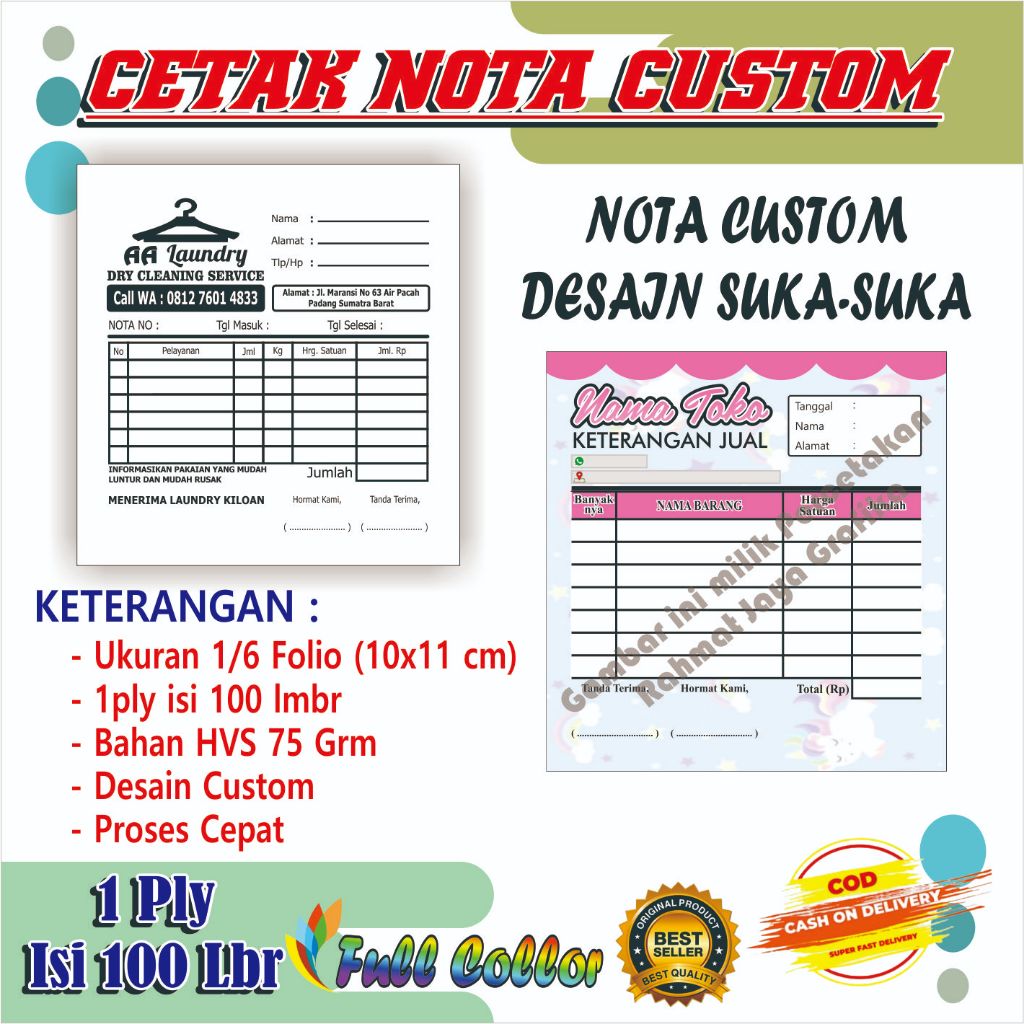Jual Cetak nota, Ukuran 1/6 Folio. 1 Ply Isi 100 Lembar, Cetak nota ...