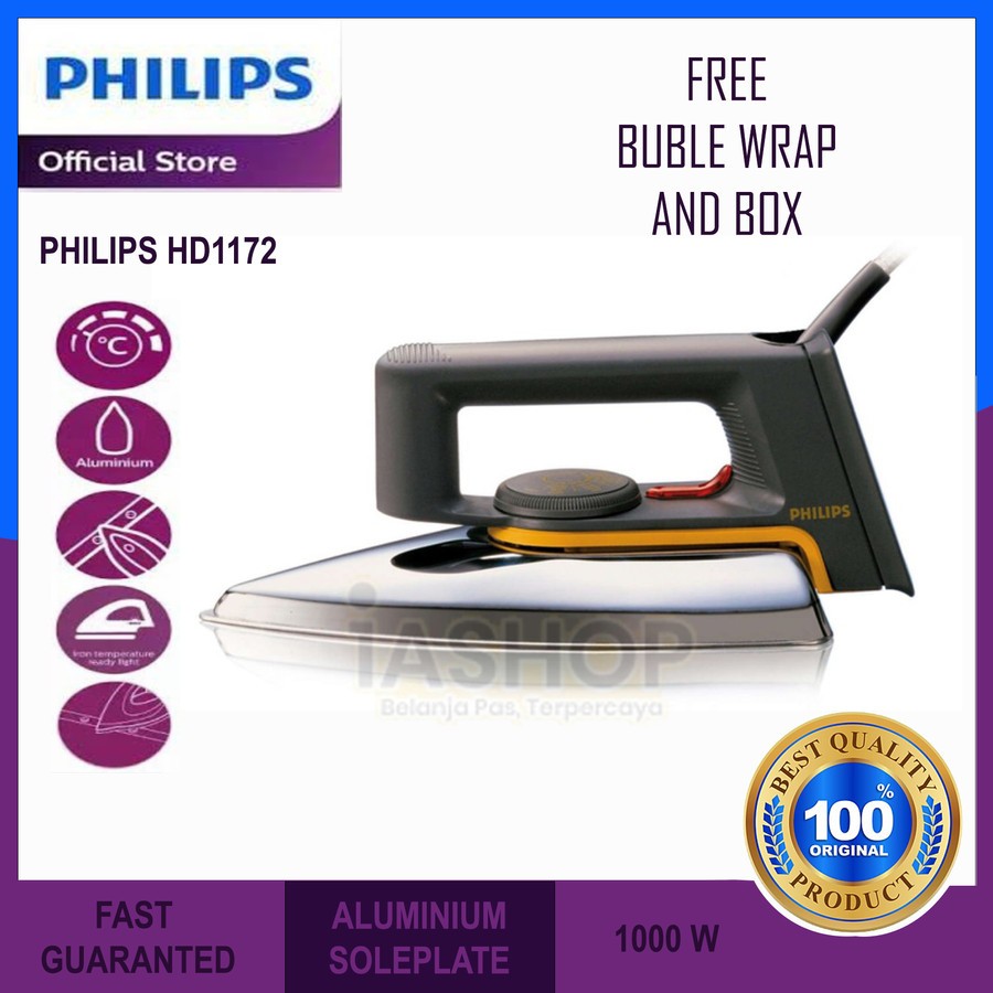 Jual Setrika Philips HD1172 1000watt Tapak Aluminum Soleplate 100% ...