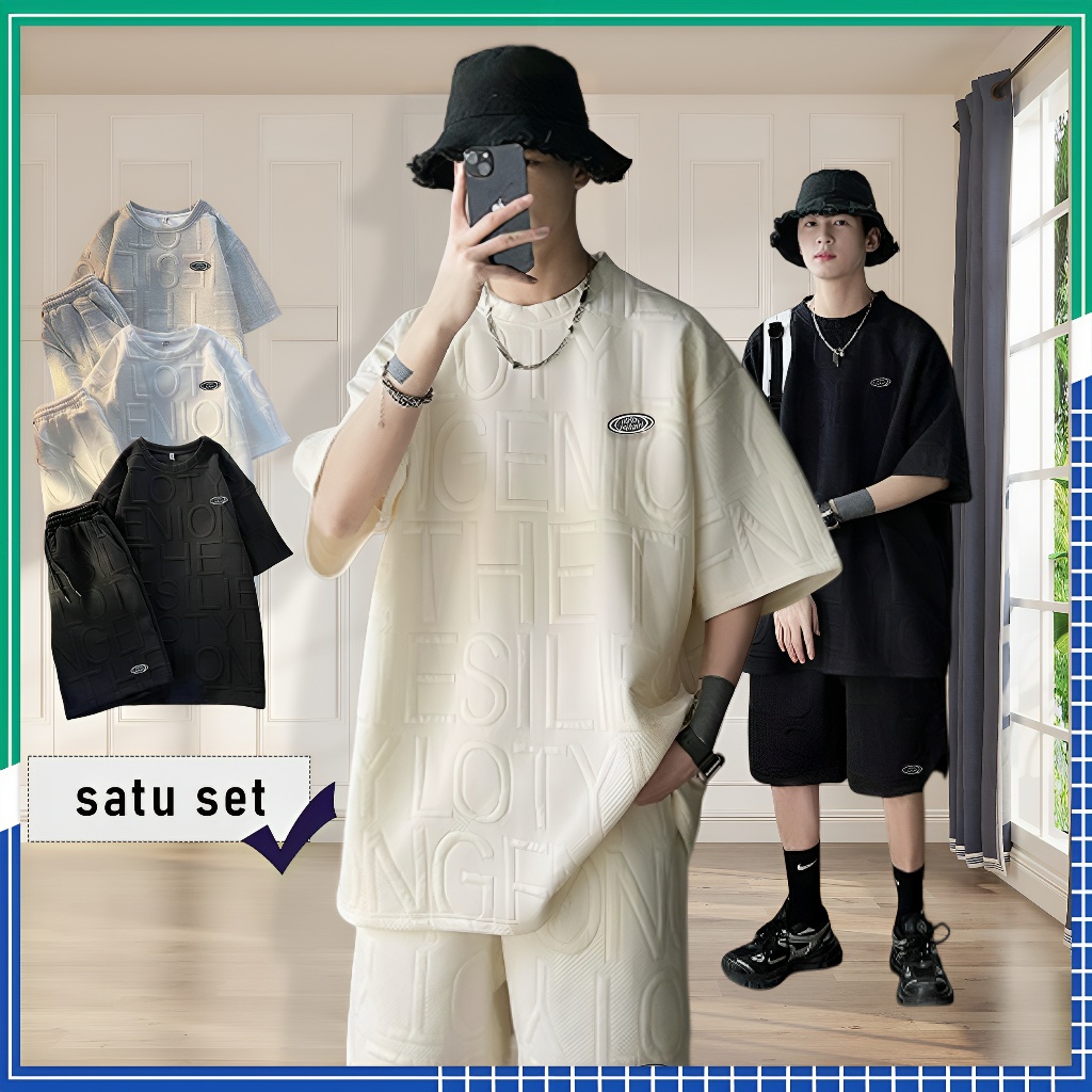 Jual 1 set outfit pria setelan pria satu set pria Polos Setelan kaos ...