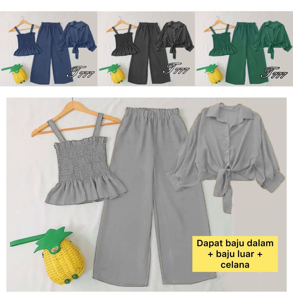 Jual Baju One Set Wanita Kekinian 3in1 Setelan Atasan Blouse Lengan Pendek Celana Panjang Anak ...