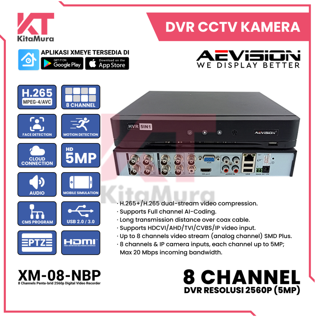 Jual DVR Aevision 8CH 5MP Resolusi 2560P Full HD, HS-BH3008VH XMEYE 5MP | Shopee Indonesia