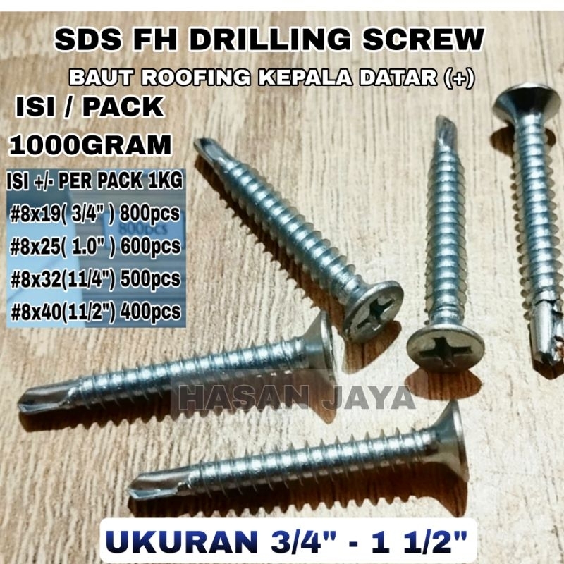 Jual (Harga 1000gr)1 KG Skrup Roofing SDS FH 8x19 8x25 / Baut Baja Ringan F+AB 8x32 | Shopee ...