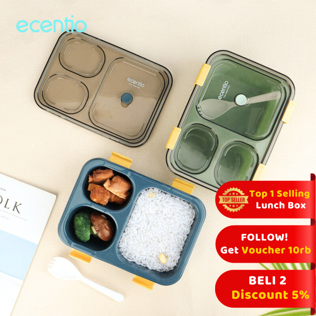 Jual [BEST SELLER] Kotak Makan Set Lunch Box Anti Tumpah 3 Sekat 850mL FREE Sendok Kotak Bekal ...