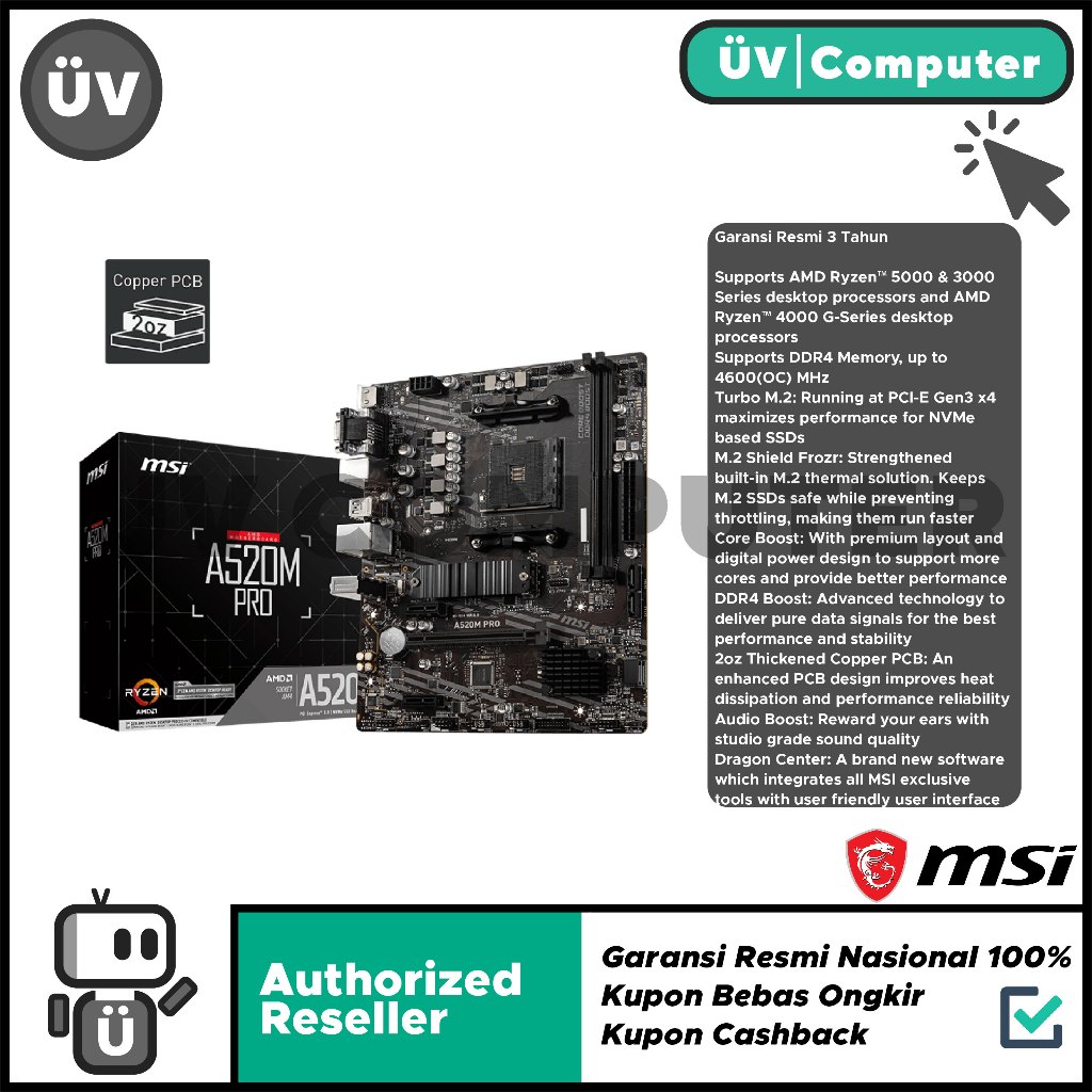Jual Motherboard MOBO AMD MSI A520M PRO AM4 DDR4 Micro M-ATX | Shopee ...