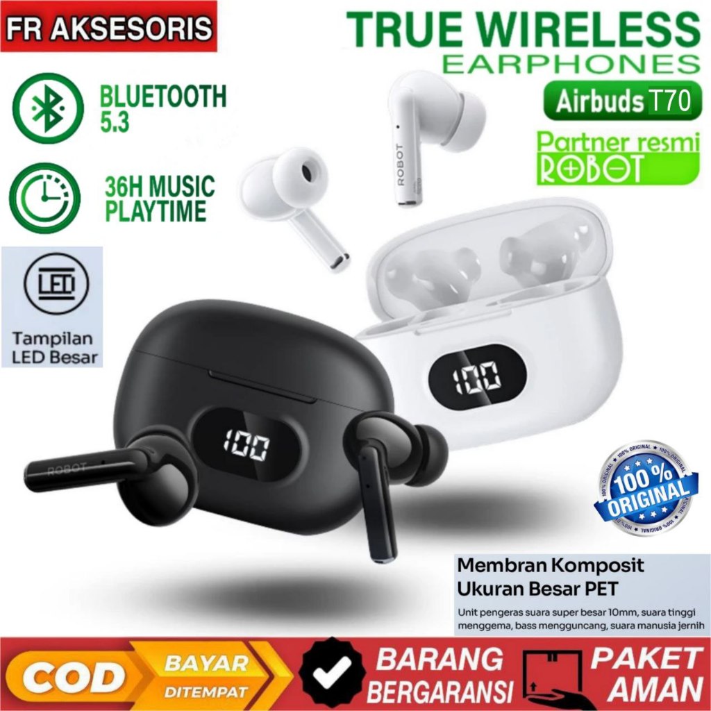 Jual HEADSET BLUETOOTH ROBOT Airbuds T70 Original TWS Wireless Earphone ...