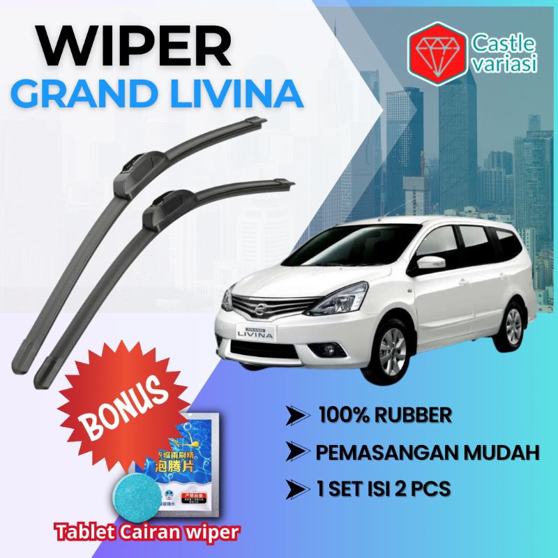 Jual wiper mobil grand livina frameles frameless karet model pisang karet pembersih kaca depan ...