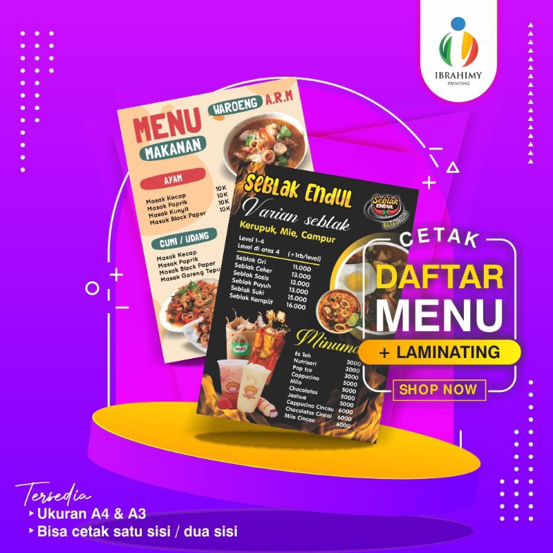 Jual cetak daftar menu + laminating ukuran A4/A3 | Shopee Indonesia