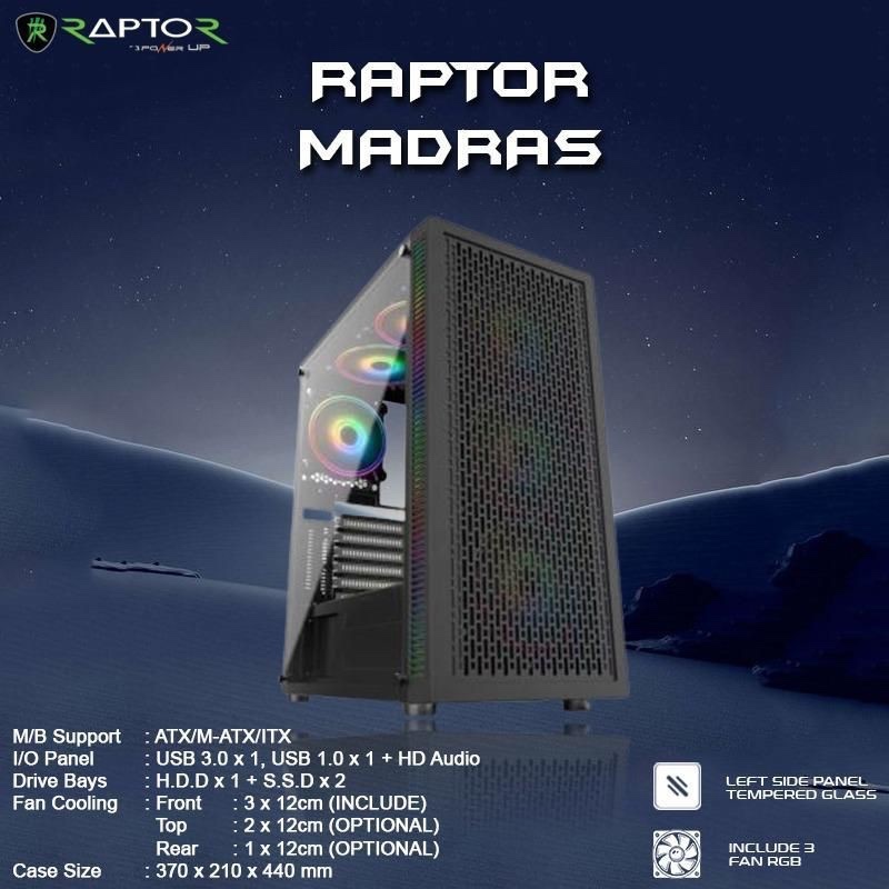Jual CASING GAMING RAPTOR MADRAS BLACK + 3 FAN RGB | Shopee Indonesia