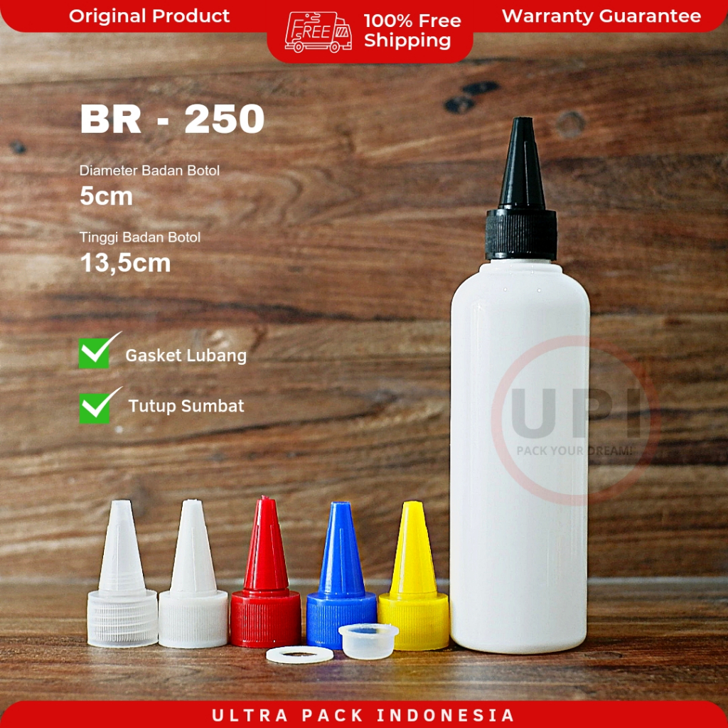 Jual BOTOL PET BR 250ML PUTIH + TUTUP TINTA KERUCUT + TUTUP SUMBAT ANTI ...