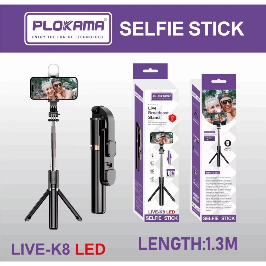 Jual PLOKAMA K8 Tongsis Tripod 3 in 1 Bluetooth Selfie Stick 4 in 1 LED ...