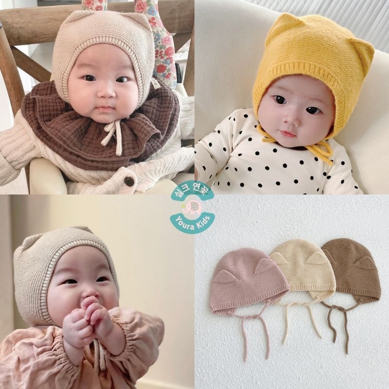 Jual 0 - 2 thn || Topi Bonnet Rajut Bayi Newborn Batita-CAT EAR-Unisex ...