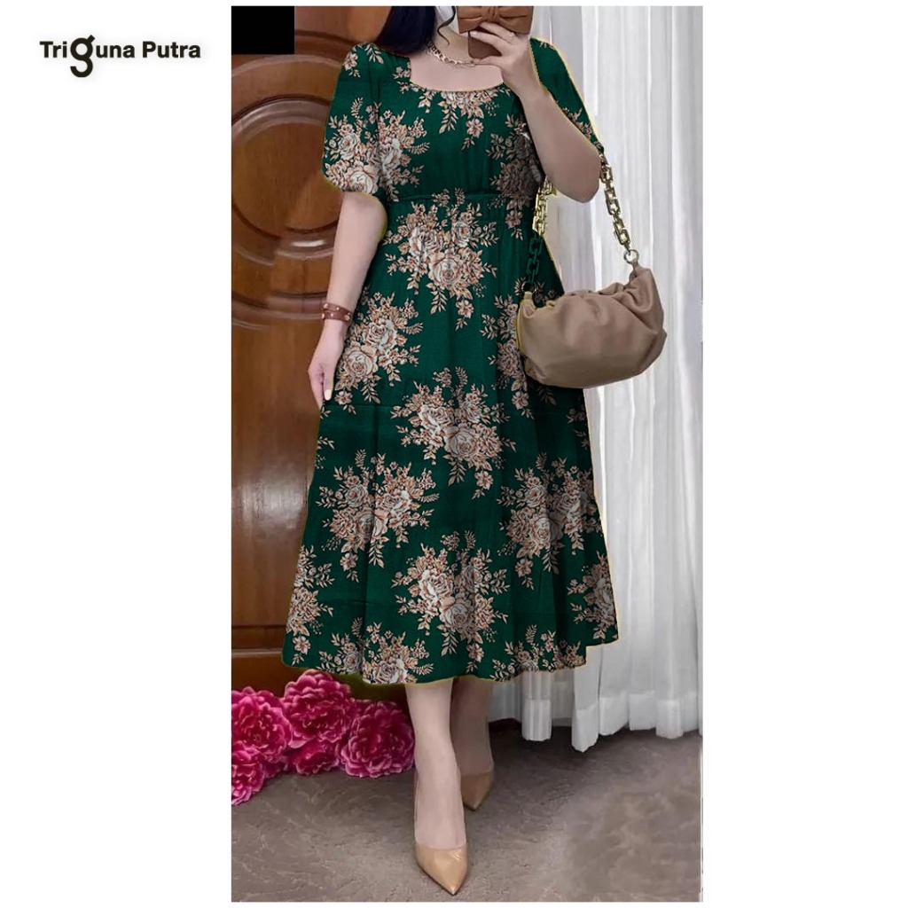 Jual Dress motif bunga smocked korea lengan pendek dengan dasi belakang ...