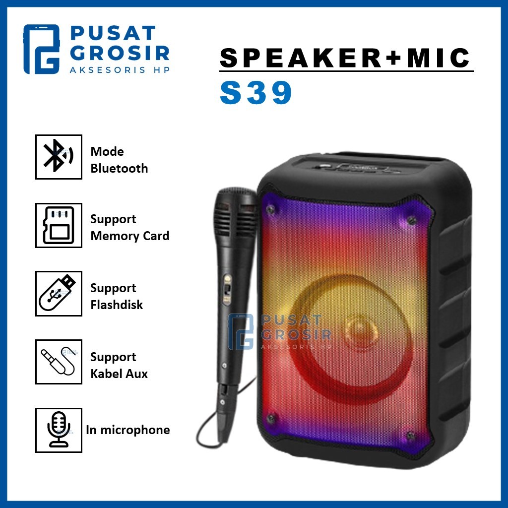 Jual Speaker Bluetootn karoke S39 S-39 + Mic soonbox spiker karaoke Blutut LED light speker Bass ...