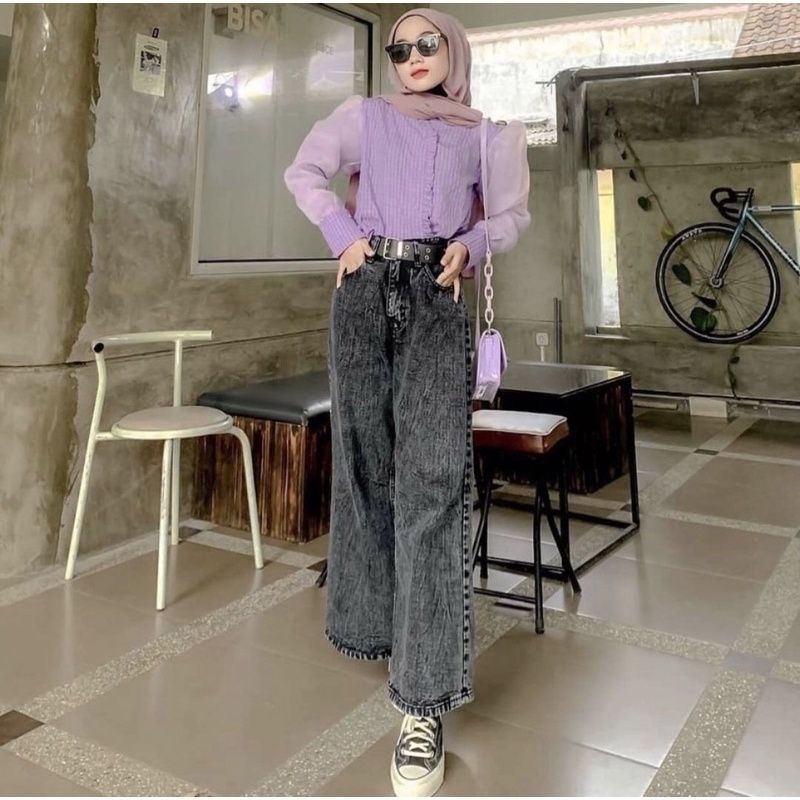 Jual Highwaist Celana Kulot Lipat Jeans Denim Cewek Celana Kulot Loose ...