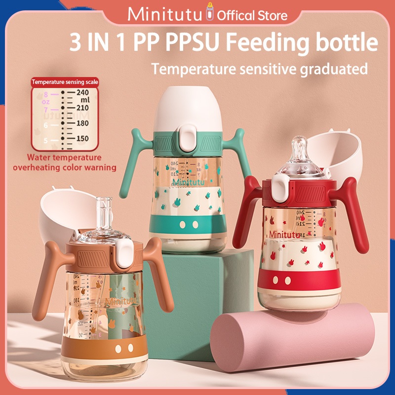 Jual MInitutu 3 IN 1 Botol Susu Rasa suhu PP/PPSU Bahan Dengan Sedotan Dan tutup Botol Anti ...