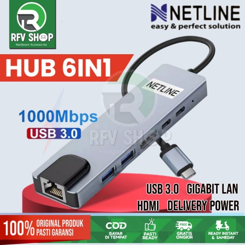 Jual NETLINE TYPE C HUB 6IN1 HDMI 4K + Gigabit LAN +USB 3.0 + POWER ...