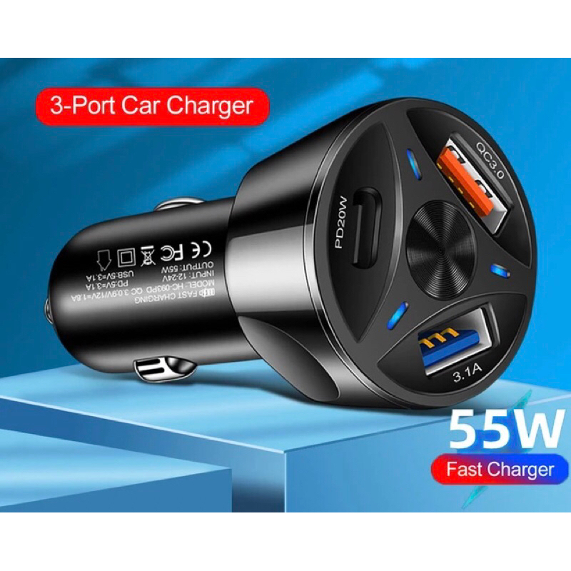 Jual Car Charger 55W / Batok Saver Pd 55W 2 Usb + 1 Usb Colokan Type C ...