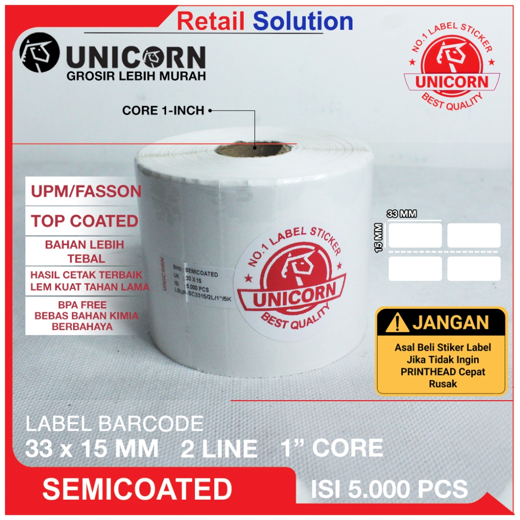 Jual Unicorn Label Barcode Semicoat 33x15 mm / 33 x 15 mm / 33x15mm 2 ...