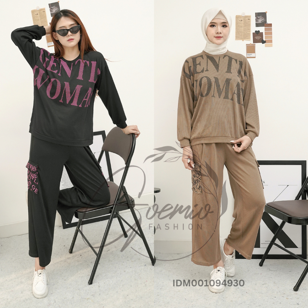 Jual ilook | LD 110 One Set Gentle Setelan Katun Knit Combi Atasan Motif Dan Celana Panjang ...
