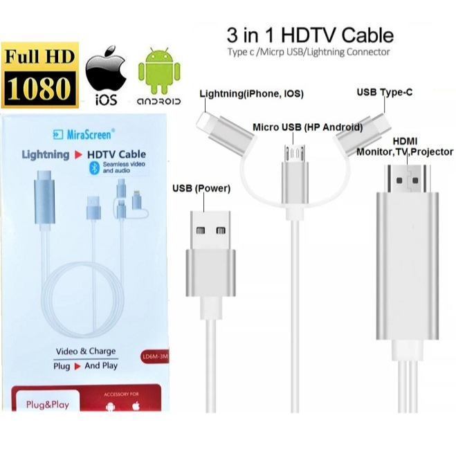 Jual Kabel MHL 3in1 Micro USb Type C Lightning iPhone to HDMI Monitor ...