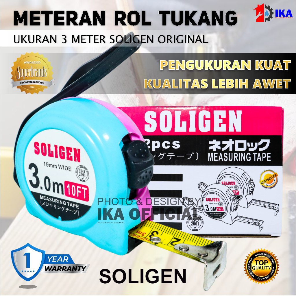 Jual Meteran Tukang / Measuring Tape Soligen 3M / 3 M / 3 Meter Meteran ...