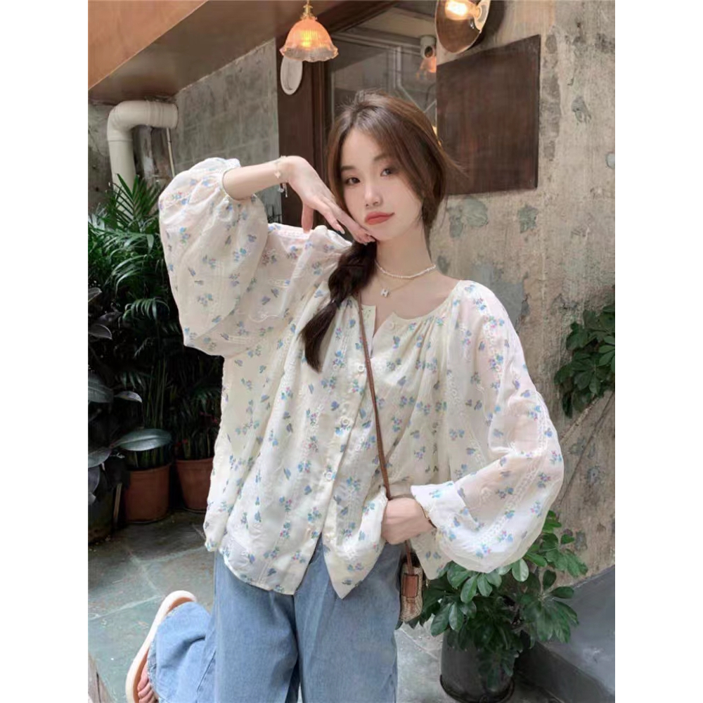 Jual LO Clothes Kemeja Bunga Loose Blouse Flower Korea Atasan Wanita Floral Top | Shopee Indonesia