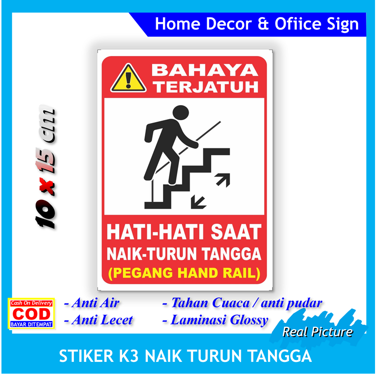 Jual label stiker hati hati naik turun tangga sticker bahaya terjatuh keselamat kerja K3 kantor ...