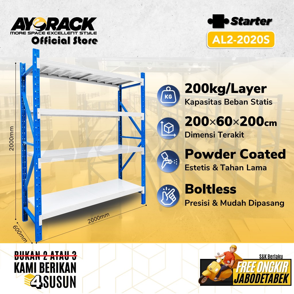 Jual RAK GUDANG BESI 2 METER 4 SUSUN STARTER | AYORACK AL2-2020S LIGHT ...