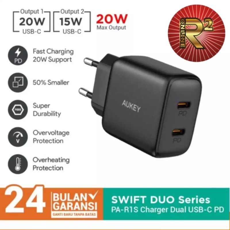 Jual Aukey PA-R1S Charger Dual Port 20W 15W USB Type C PD Swift Duo Original Garansi Resmi ...