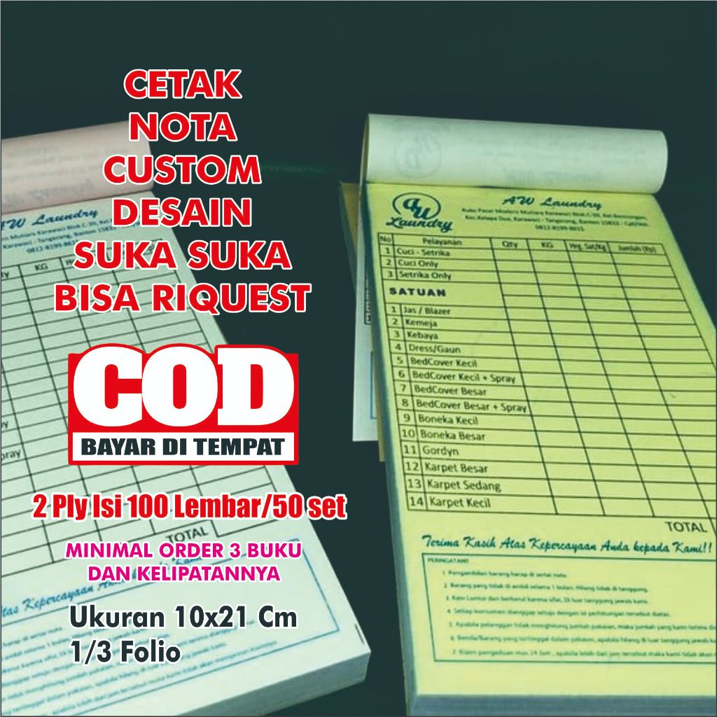 Jual Cetak Nota Custom Nama Sendiri 2ply isi 50 set Uk. 1/3 Nota Custom ...