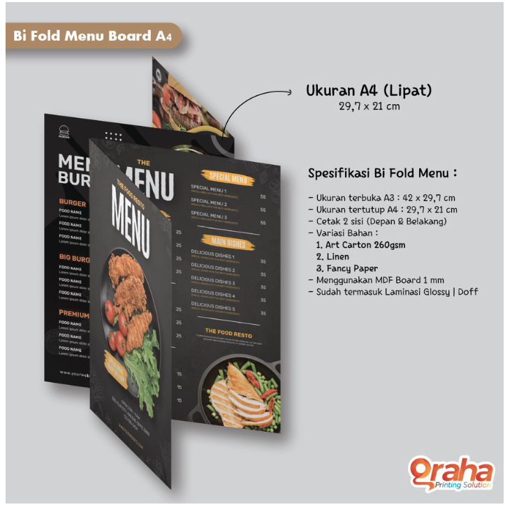 Jual Cetak Daftar Menu Board / Papan Menu / Menu Resto A4 (Bi Fold ...
