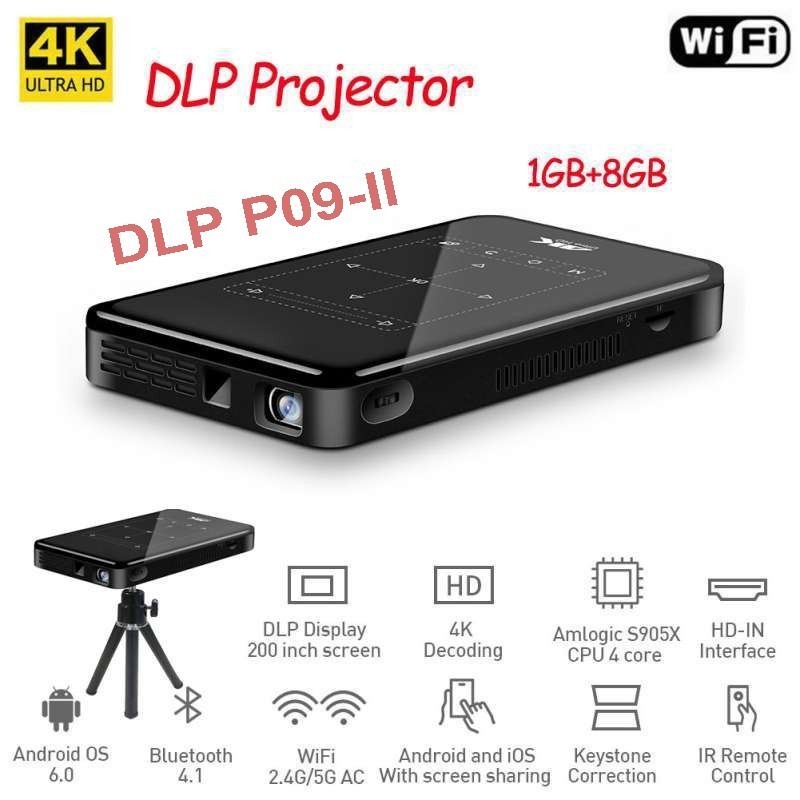 Jual Mini Proyektor DLP P09-II Resolusi 4K HD Android Projector 50 ANSI ...