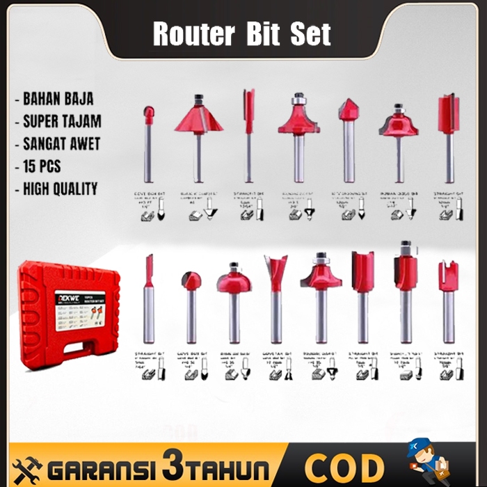 Jual Mata Router Set Mata Profil Mata Trimmer Set 15 pcs Router Bit Set ...