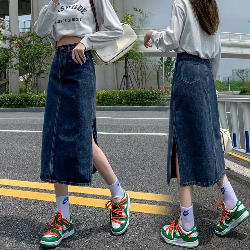 Jual 【wanita_id】rok denim panjang rok a line rok belah samping rok 7/8 ...